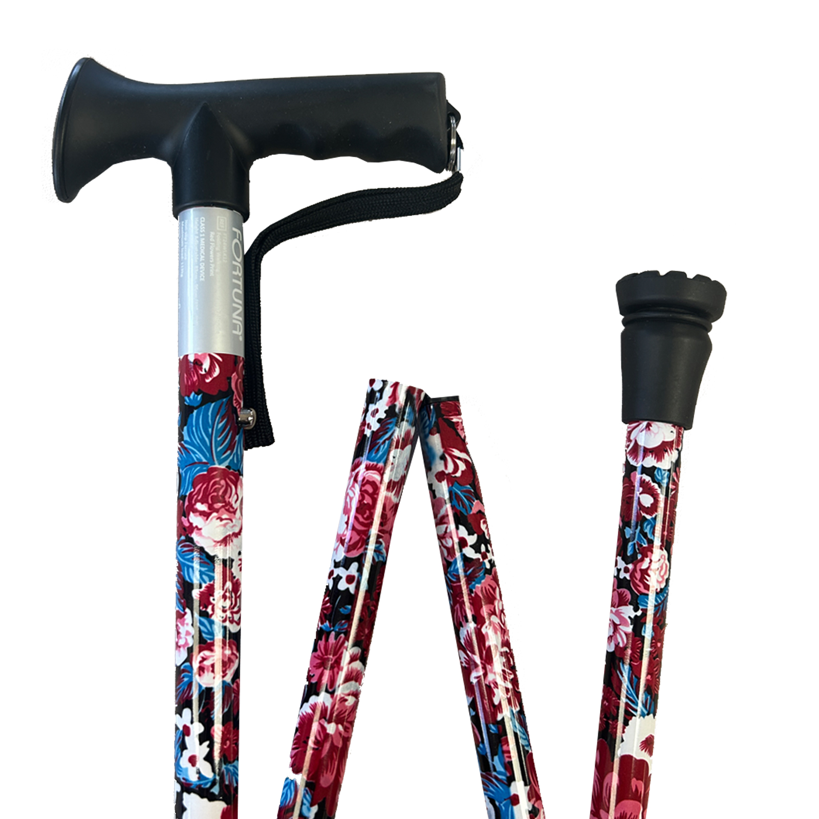 Walking Stick Folding Height Adj.T-Handle Red Flowers - CHSS Online Shop